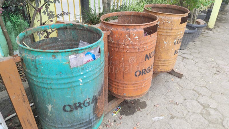 Trash Can from Iron Barrels Stock Photo - Image of garden, wood: 265409774