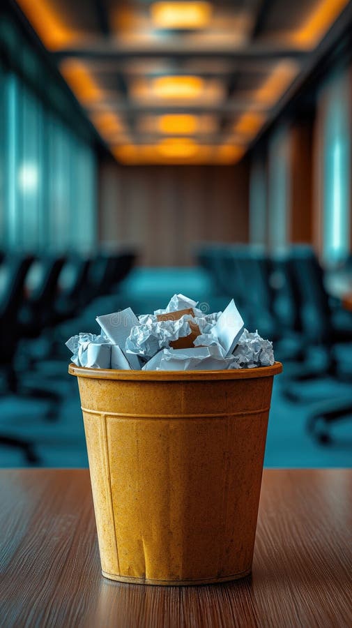 Trash Can Overflowing with Paper in Office Building Hallway Stock ...