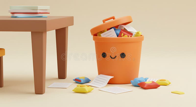 Trash Can Overflowing with Papers and Objects Next To Table Stock ...
