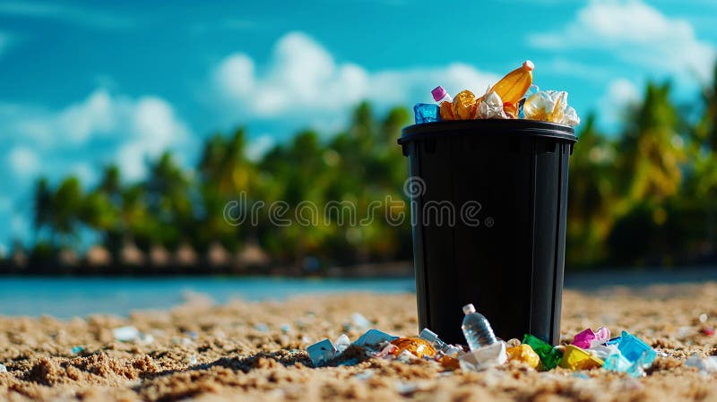 A Trash Can Overflowing with Waste on a Beautiful Beach, Highlighting ...