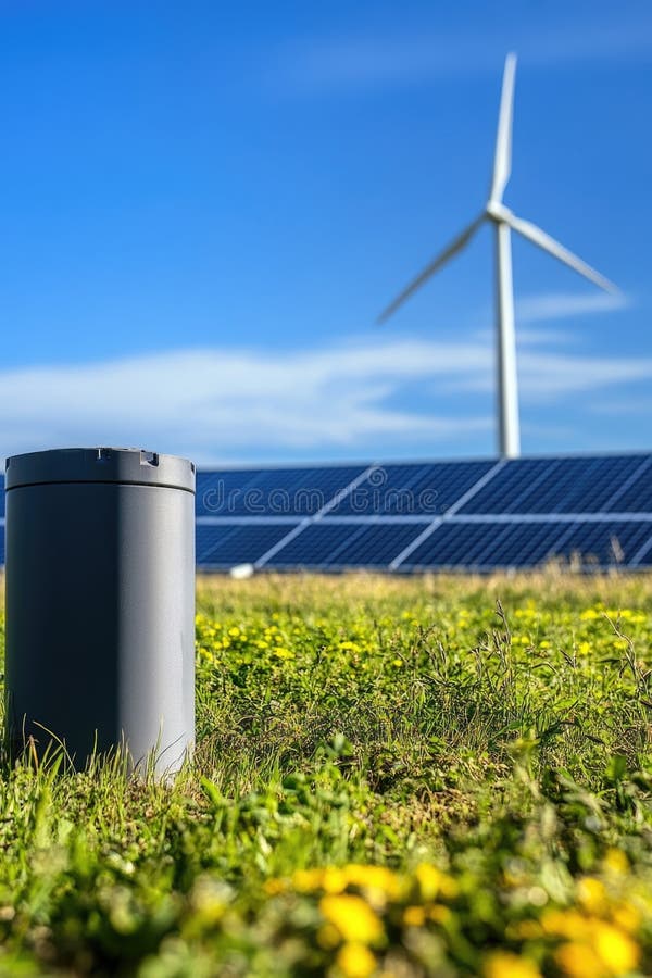 A Trash Can Sits among Grass Near a Functioning Wind Turbine ...
