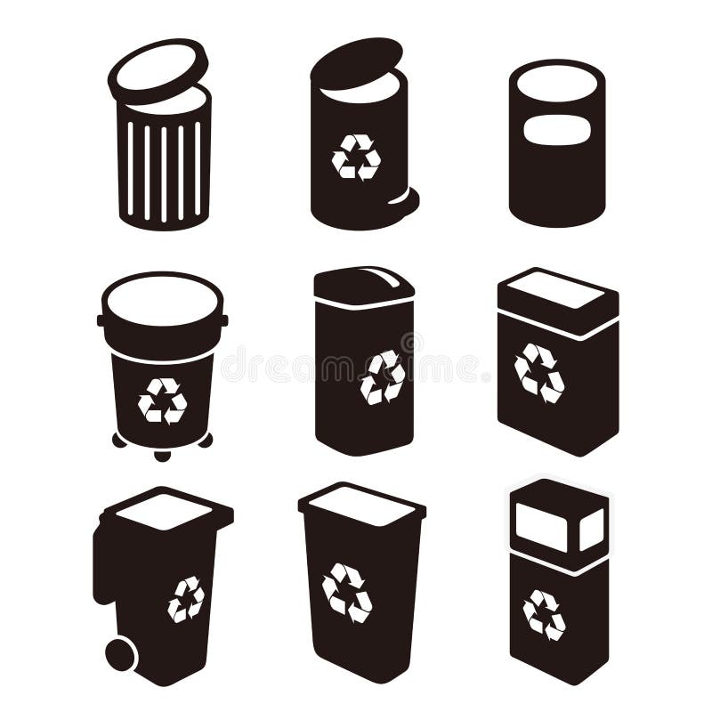 Trash Cans, Garbage and Recycling Can Icons Stock Vector - Illustration ...