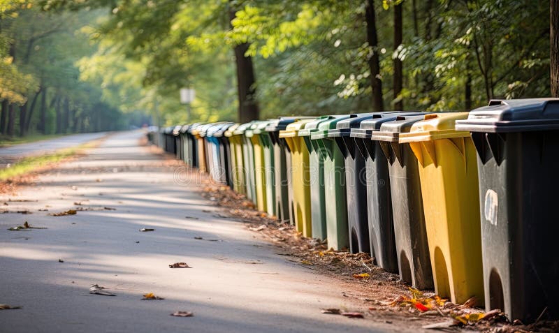 Trash Cans Lined Up Alongside Road in Urban Environment Stock Photo ...