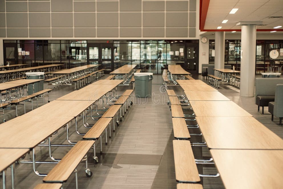 Trash Cans Setup between Row of Empty Rectangle Mobile Cafeteria Table ...