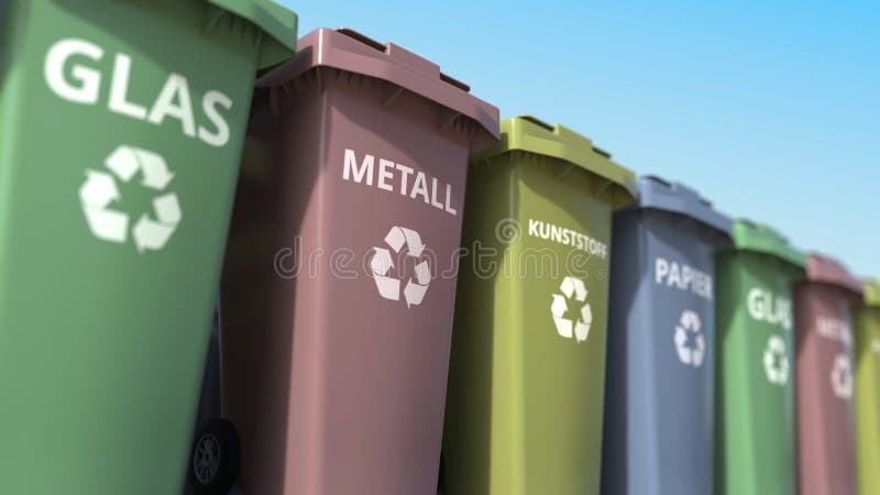 Trash Cans for Sorting Garbage. Text in German Means Glass, Metal ...