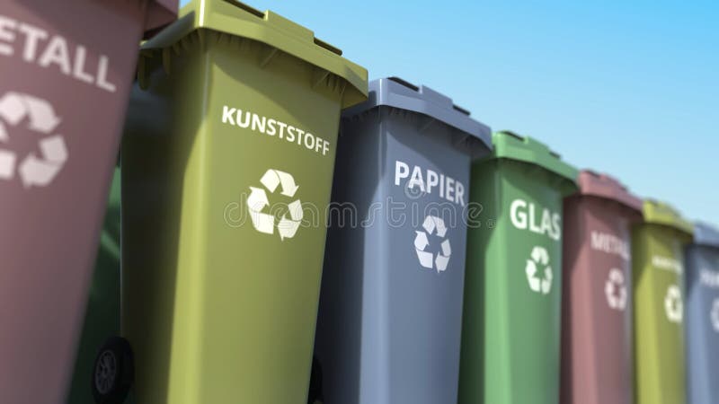 Trash Cans for Sorting Garbage. Text in German Means Paper, Glass ...