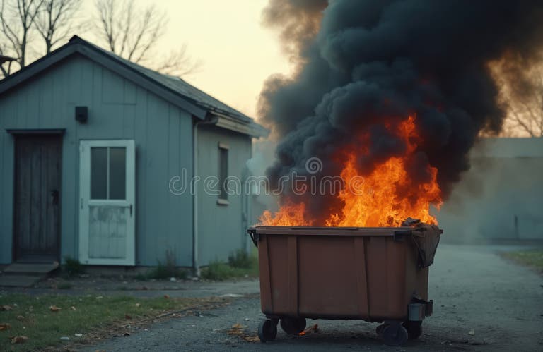 Trash Container Engulfed in Flames Next To House, Concept of Air ...