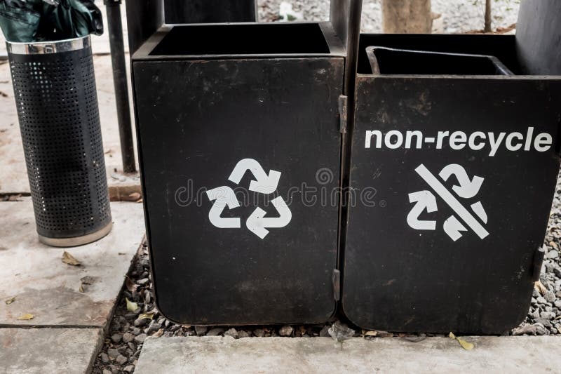 Black Trash Containers for Recyclable and Non-recyclable Wastes Stock ...