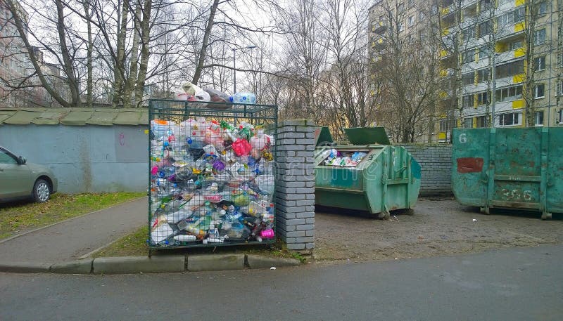 Trash Container and Rubbish Near Residential Building. Old Dumpsters ...