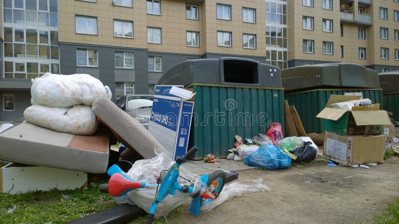 Trash Container and Rubbish Near Apartment Building. Problem of ...