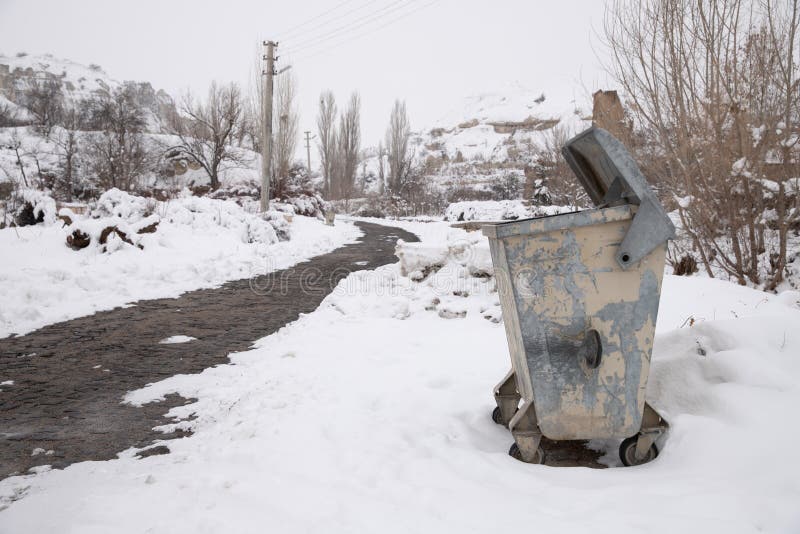 Trash Container in Winter Cappadocia Stock Image - Image of container ...
