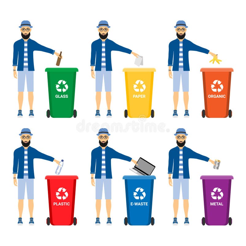 Trash in Garbage Cans with Sorted Garbage Vector Icons. Recycling ...