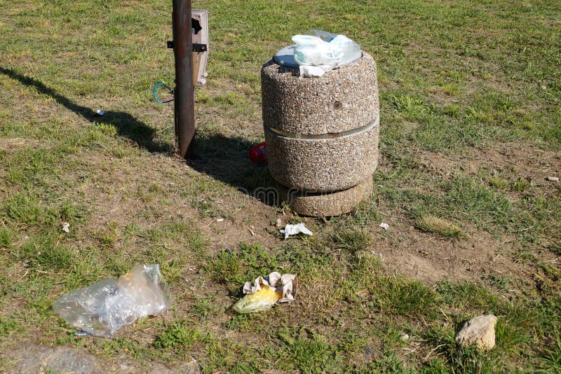 Trash Lying on the Grass Next To a Full Garbage Bin in a Park Stock ...