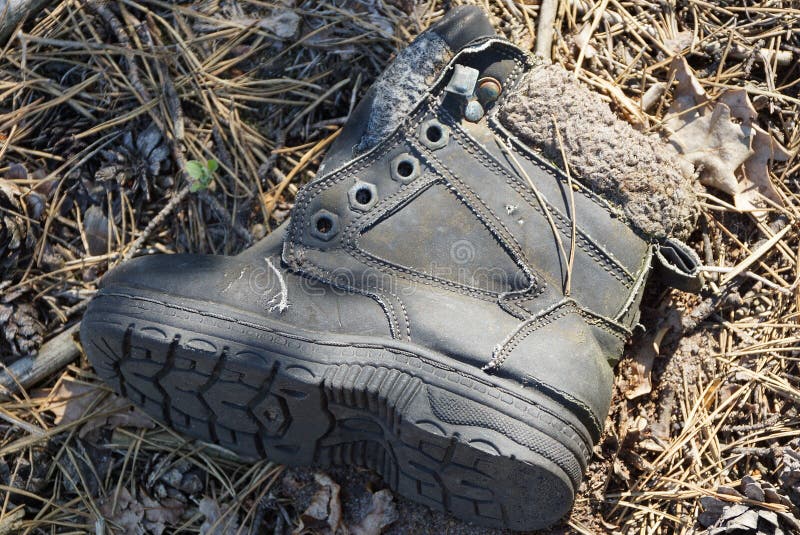 Trash from One Old Gray Boot Lying on Brown Grass Stock Photo - Image ...