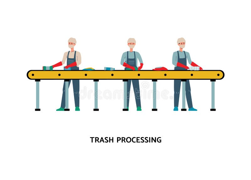 Trash Processing of Recycling Factory with Workers Flat Vector ...