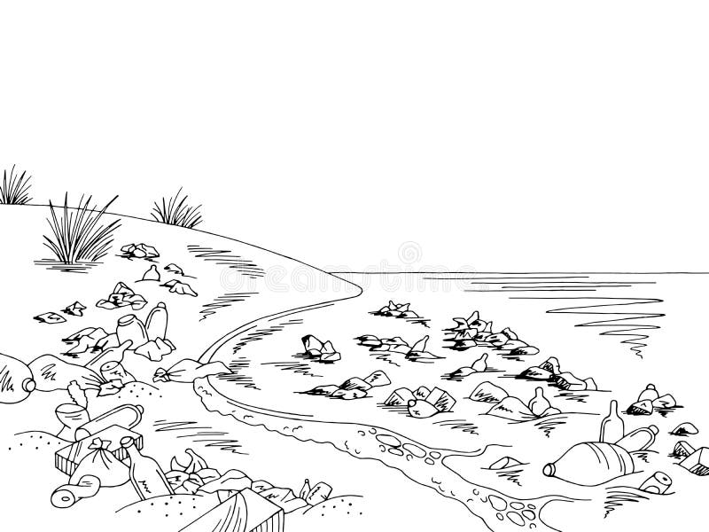Trash in the Sea Ecology Problem Graphic Black Landscape Sketch ...