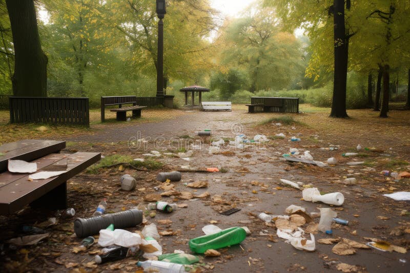 Trash-strewn Park, with Broken Bottles and Wrappers Littering the ...