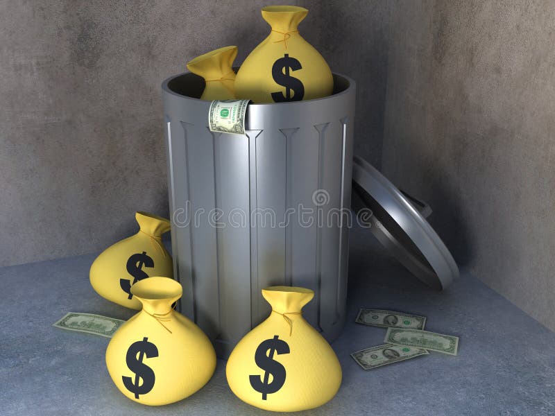 Trashcan with money stock illustration. Illustration of packaging - 3065869