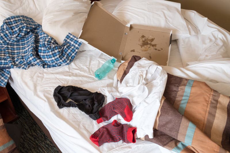 Trashed hotel room bed stock image. Image of unkept - 152858867