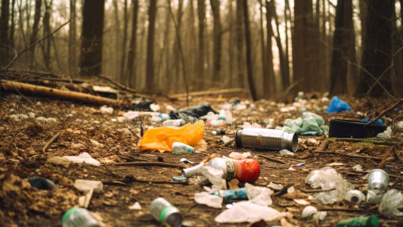 Trashes in the Forest. Plastic Waste Pollute the Nature. Rubbish in the ...