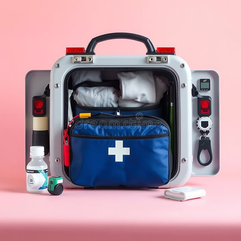 A Trauma Kit for First Responders on a Pastel Blush Backdrop Stock ...