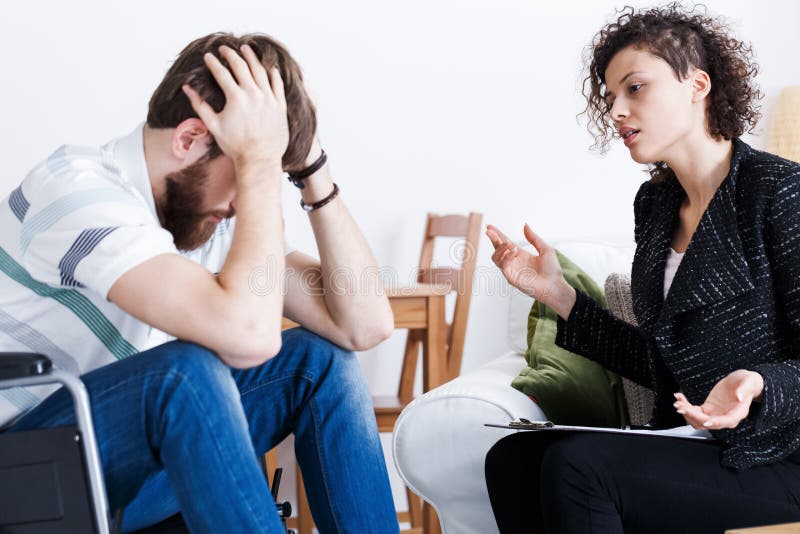 Traumatized Man during Therapy Stock Photo - Image of indoors ...