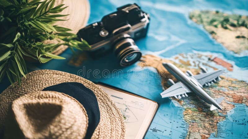 Travel Accessories with Map, Camera, Airplane Model, and Hat Stock ...