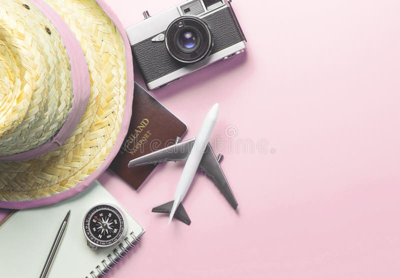 Travel Accessories Objects Gadgets Top View Flatlay on Pink Pastel ...
