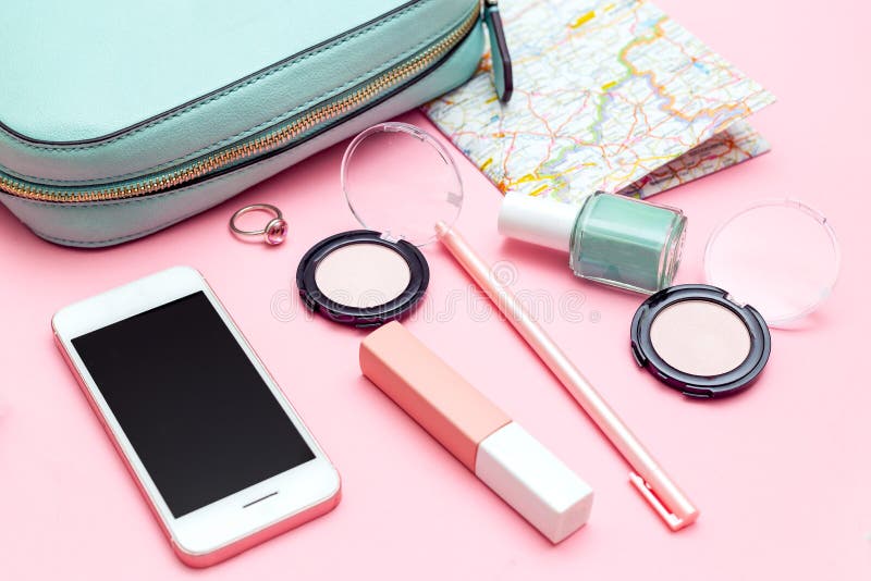 Travel Accessories Pastel Color on Pink Background Stock Photo - Image ...