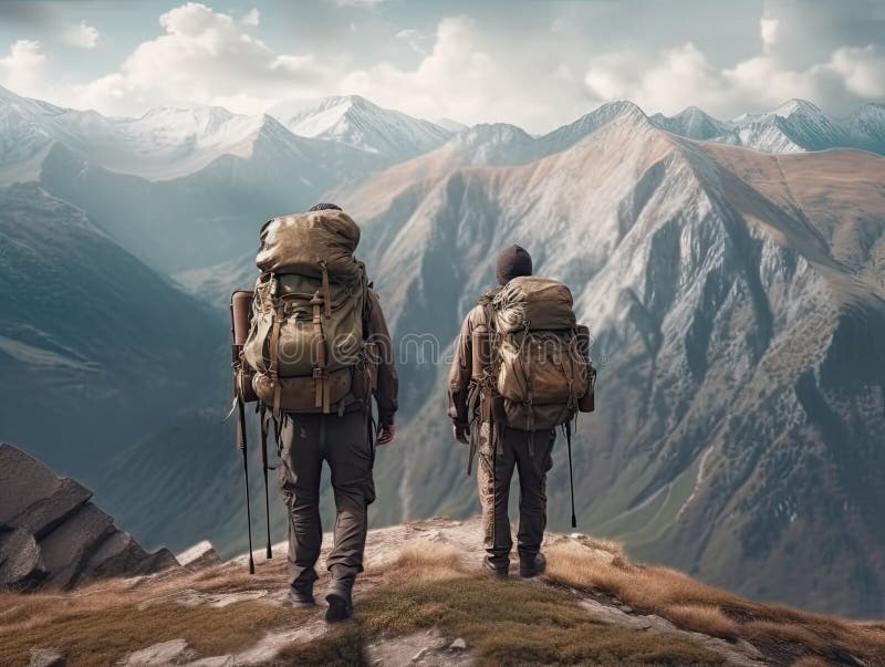 Travel and Adventure Concept with Backpackers Exploring Mountain Range ...