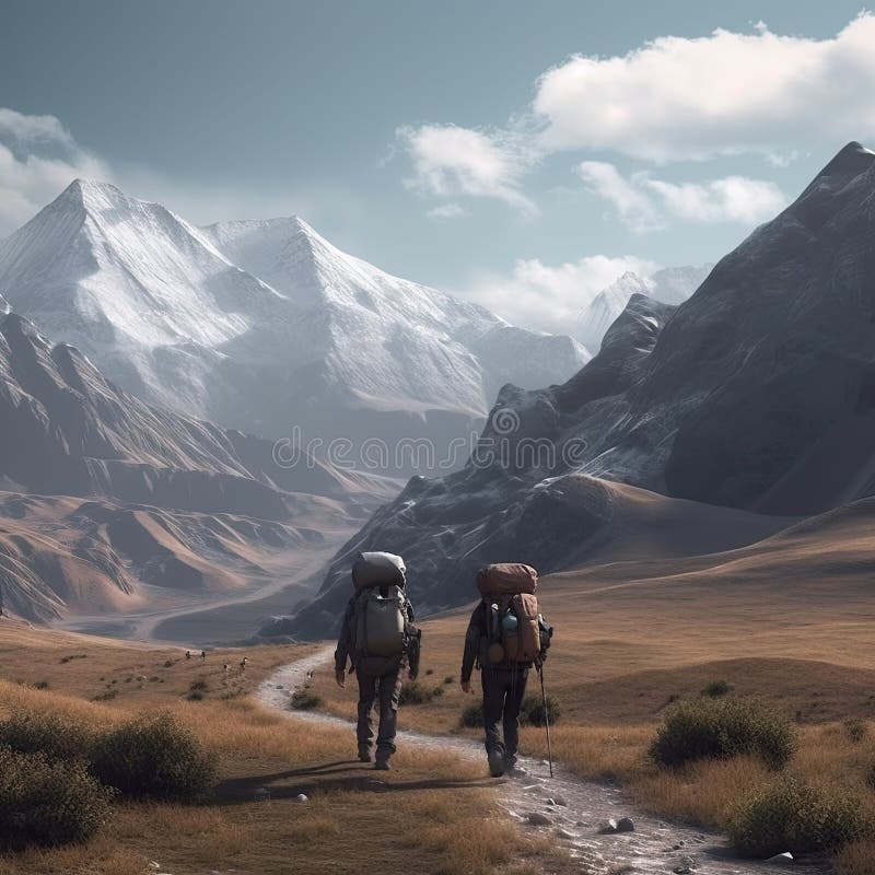 Travel and Adventure Concept with Backpackers Exploring Mountain Range ...