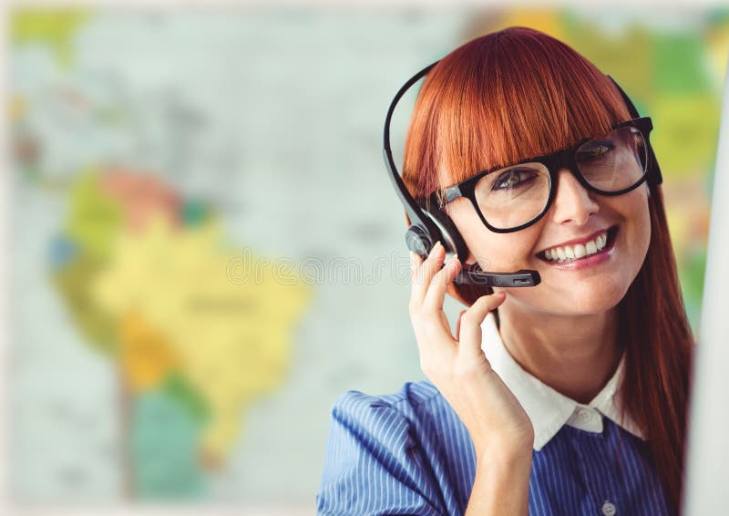 Travel Agent at Computer Against Blurry Map Stock Photo - Image of ...