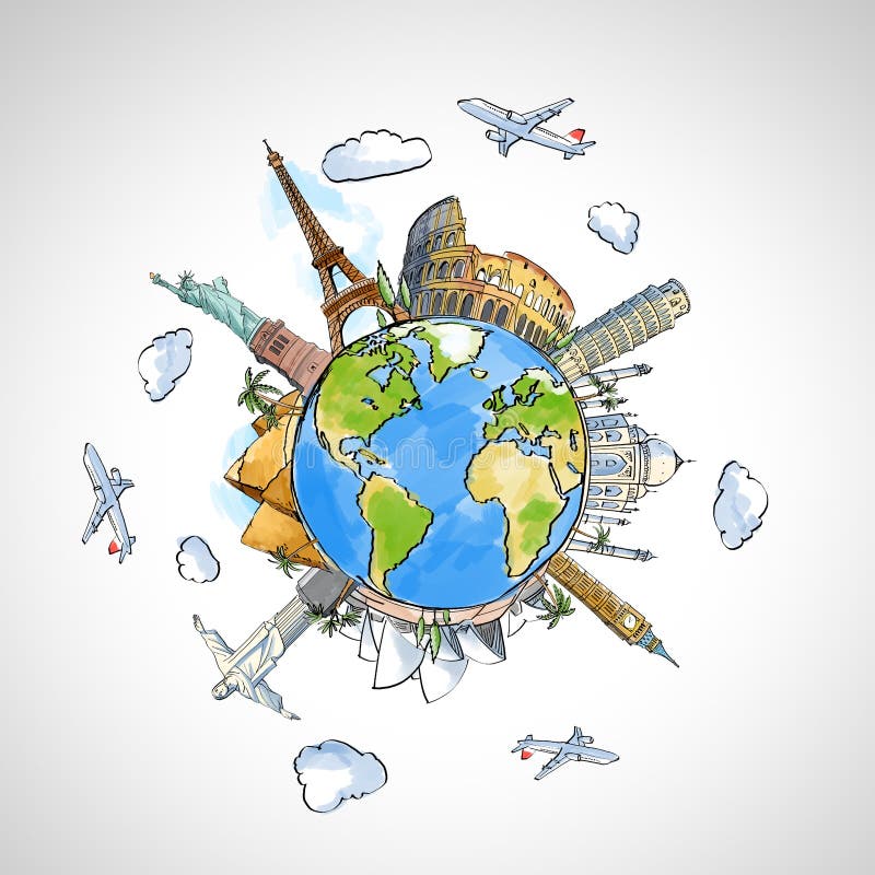 Planet Earth Travel the World Concept on Blue Skyline Background Stock ...