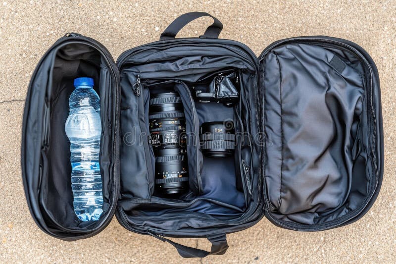 Travel Backpack Opened with Camera, Notebook, and Water Bottle Ready ...