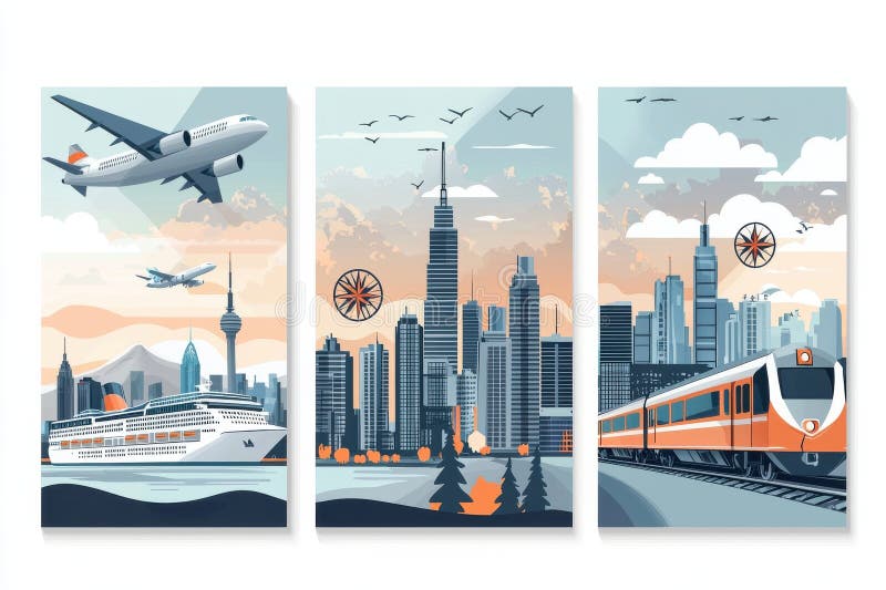 Travel Banners with Airplane, Cruise Ship, and Modern Train Stock Image ...