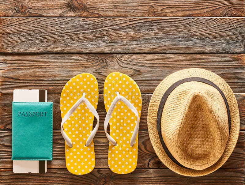 Travel and beach flat lay stock image. Image of slipper - 111734711