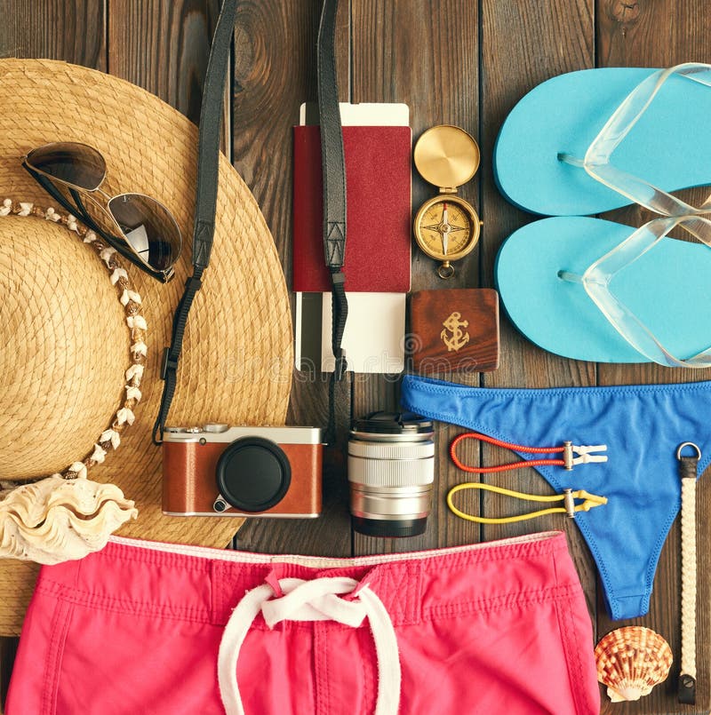 Travel and Beach Items Flat Lay Stock Image - Image of travel, holiday ...
