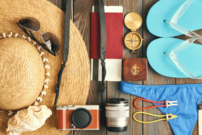 Travel and beach flat lay stock image. Image of retro - 69136583