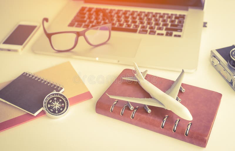 Travel Blogger Desk with Computer and Accessories Stock Photo - Image ...