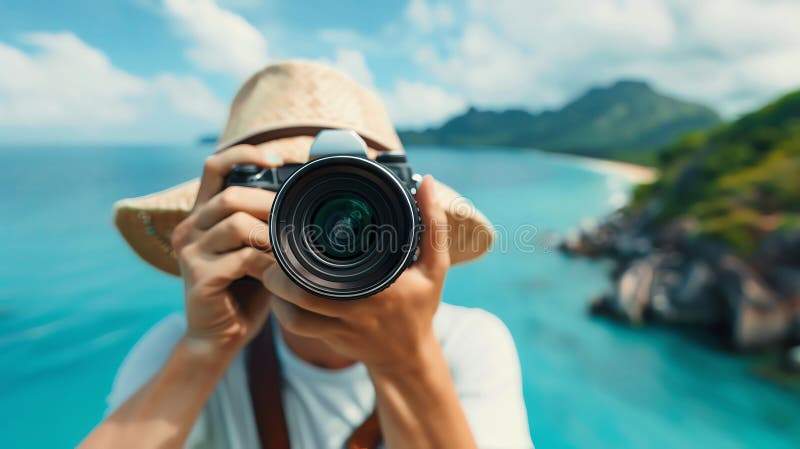 A Travel Blogger Documenting Their Journey with a Camera in Hand Stock ...