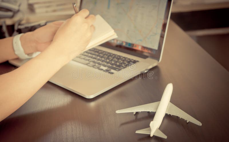 Travel Blogger is Planning His Trip Using Internet Map Stock Image ...