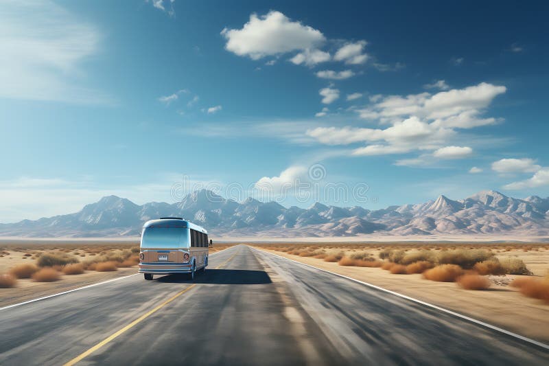Travel by Bus on the Road in Desert. 3d Rendering Stock Illustration ...