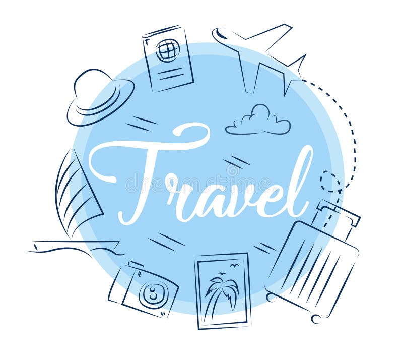 Travel Calligraphy on Blue Background and Outline Shapes Stock Vector ...