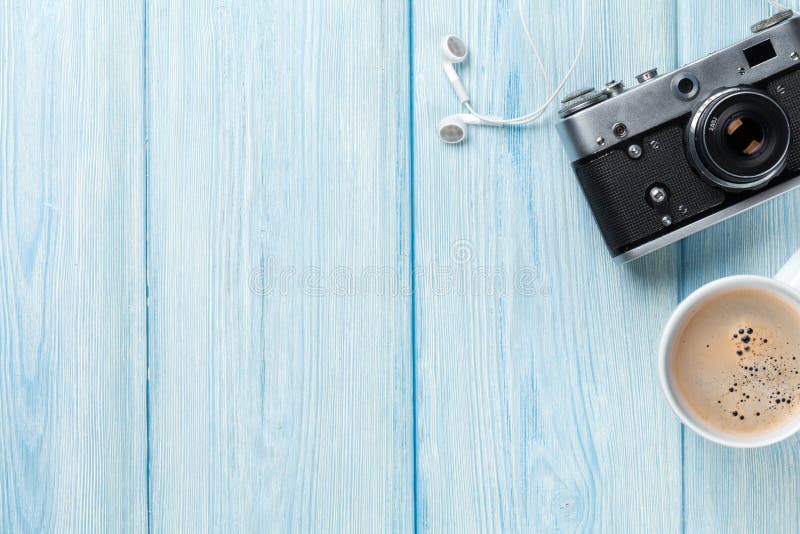 Travel Camera and Coffee Cup on Wooden Table Stock Image - Image of ...
