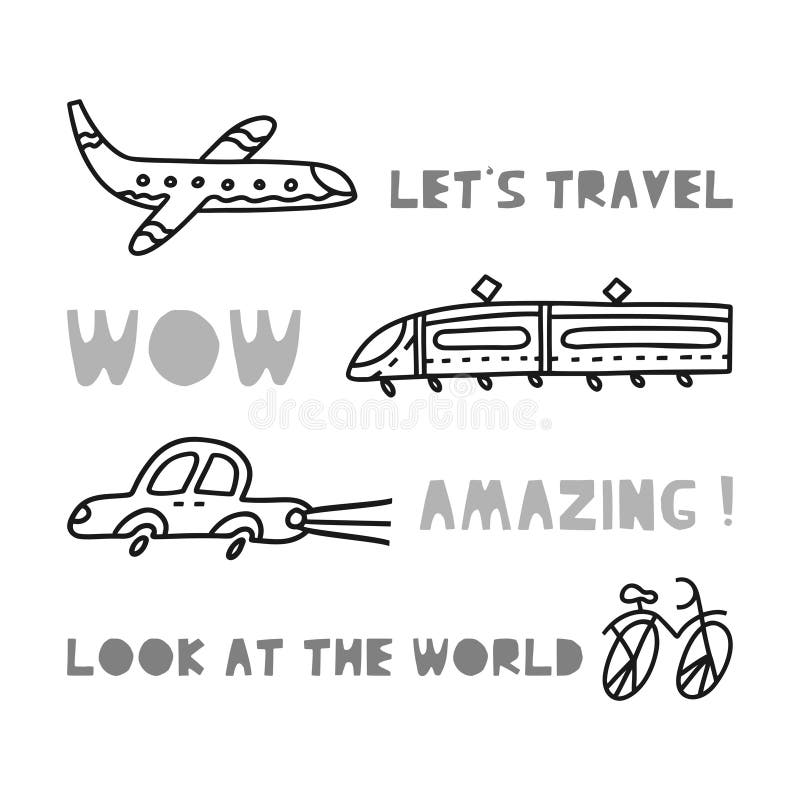 Travel Card Concept with Transport and Text. Doodle Style Stock Vector ...