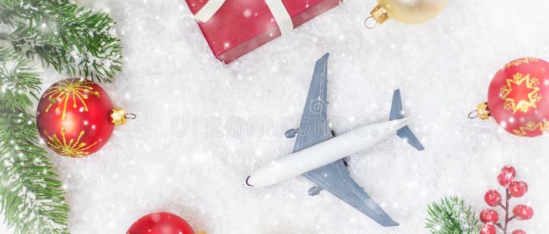 Travel for Christmas. Airplane with Christmas Decor Stock Photo - Image ...