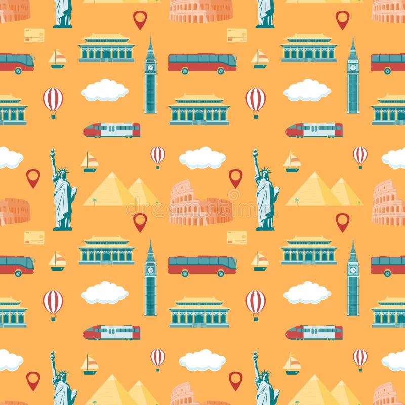 Travel Composition with Famous World Landmarks. Seamless Pattern Stock ...