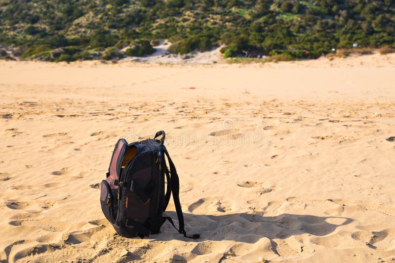 Travel Concept - Backpack on Sea Sandy Beach Stock Image - Image of ...