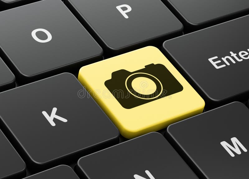 Travel Concept: Photo Camera on Computer Keyboard Background Stock ...