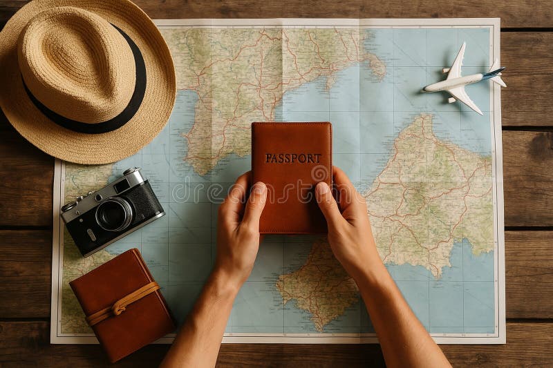 Travel Concept Flat Lay with Map, Passport and Vintage Camera Stock ...